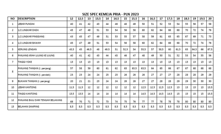 Spesifikasi Ukuran Kemeja PLN 2023 | PDF