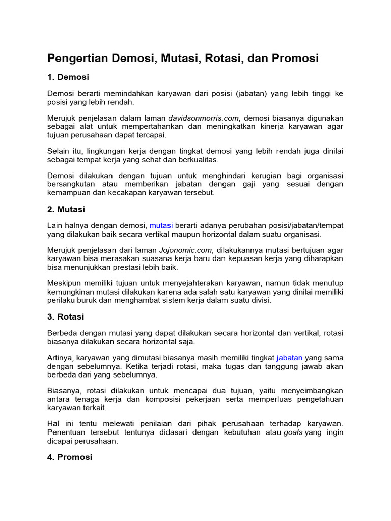 Perbedaan Demosi, Mutasi, Rotasi, Dan Promosi | PDF | Pengembangan Diri