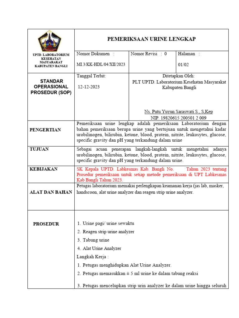 SOP Pemeriksaan Urine Lengkap | PDF