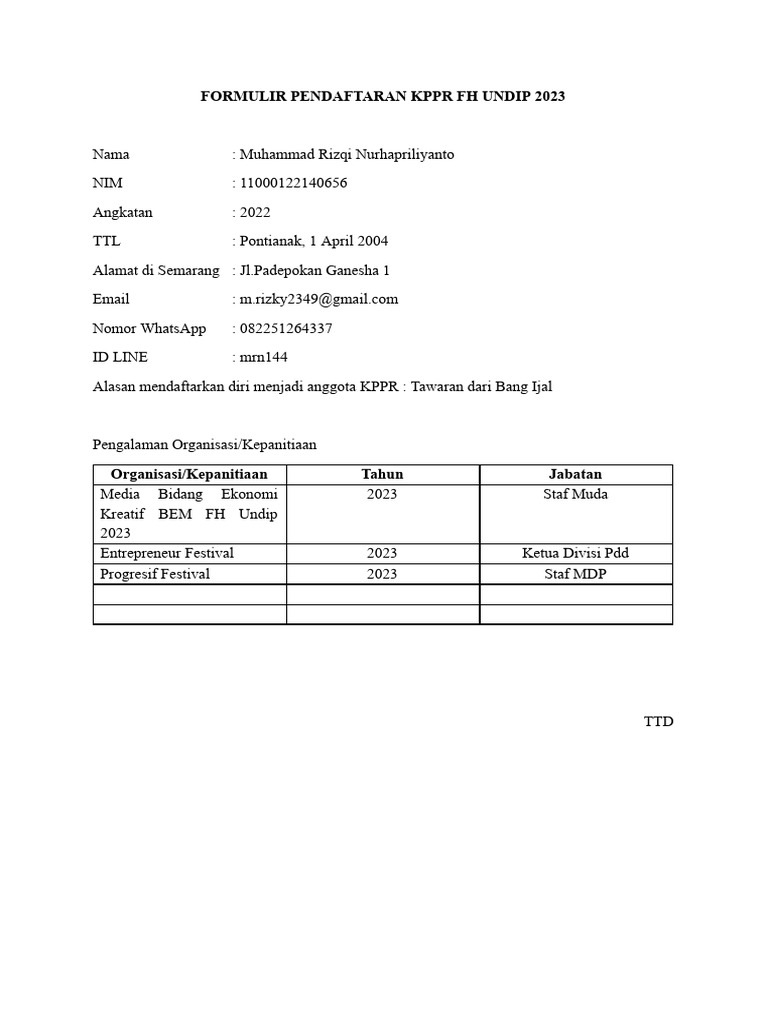 Formulir Pendaftaran Dan Surat Pernyataan KPPR FH Undip 2023 - M. Rizqi Nurhapriliyanto - 40656 ...