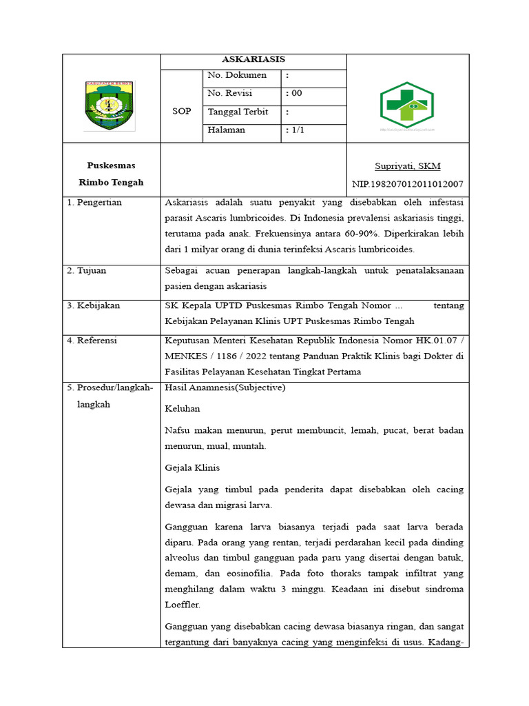 Sop Askariasis | PDF | Sains & Matematika