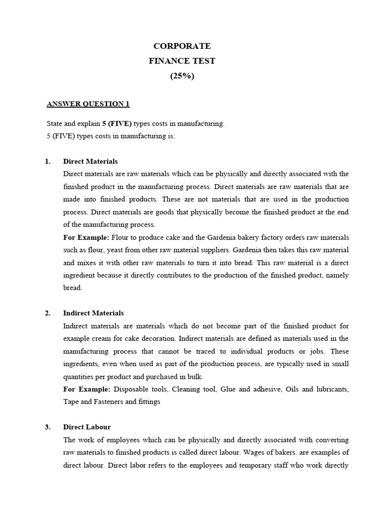 Answer - Test - Corporate Finance | PDF | Cost | Cost Of Goods Sold