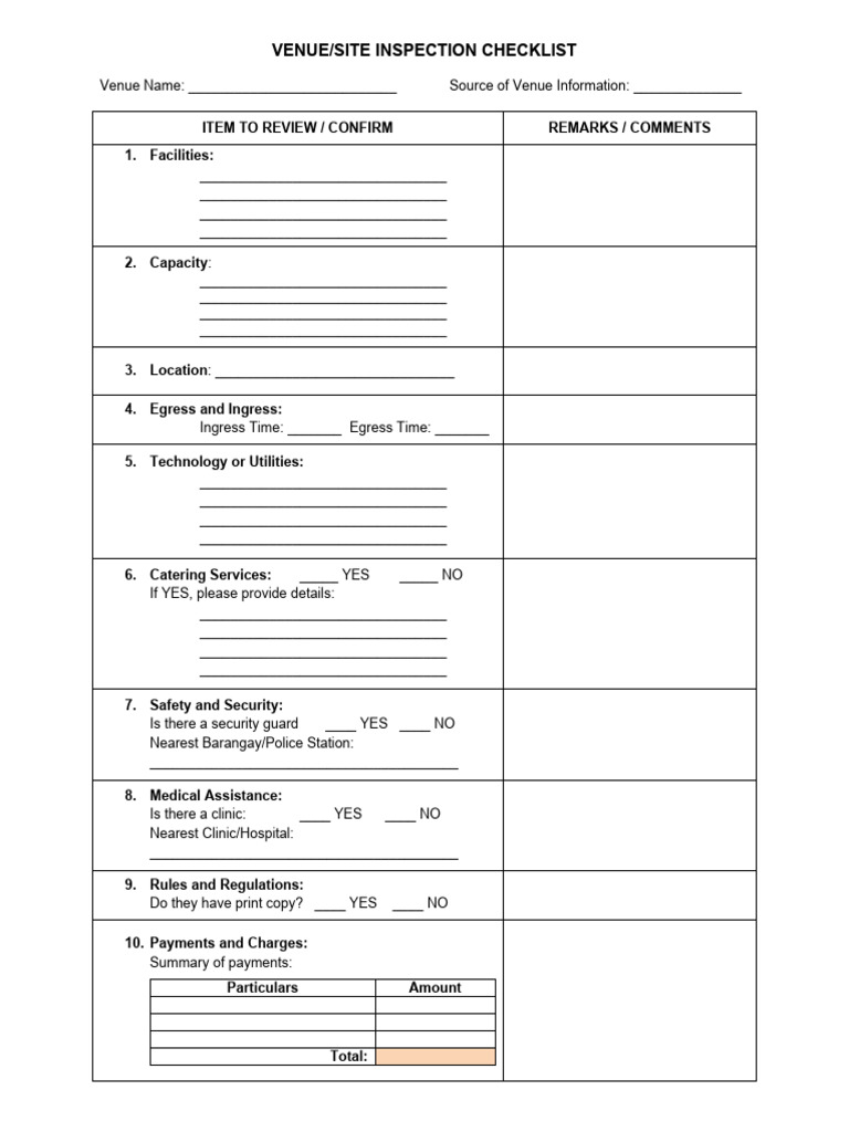 Venue or Site Inspection Checklist Form | PDF