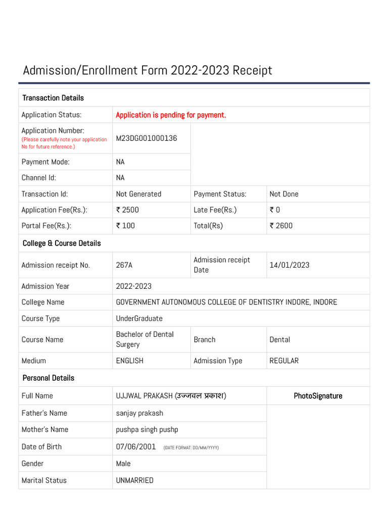 Admission Receipt for 2022-2023 | PDF