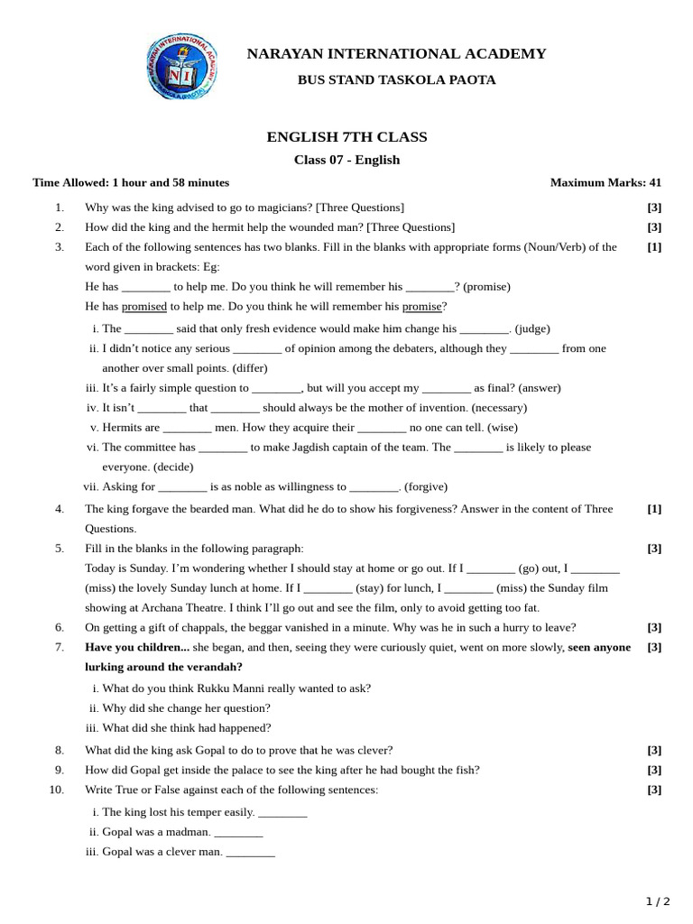 english 7 th class new | PDF | English Language