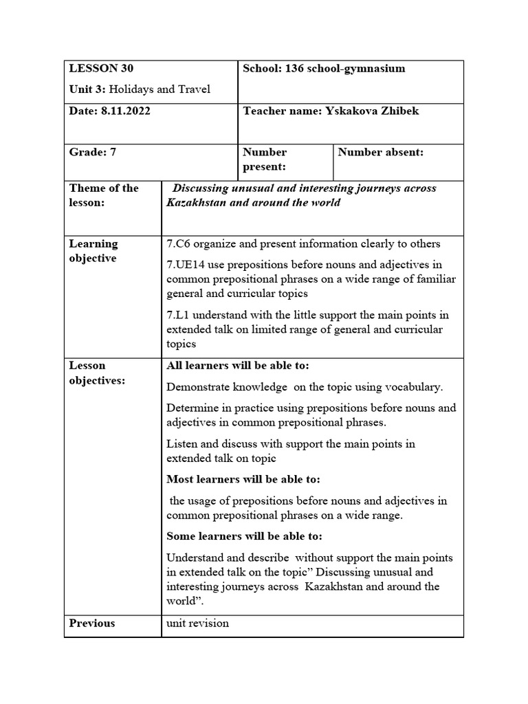 Lesson Plan | PDF | Preposition And Postposition | Adjective