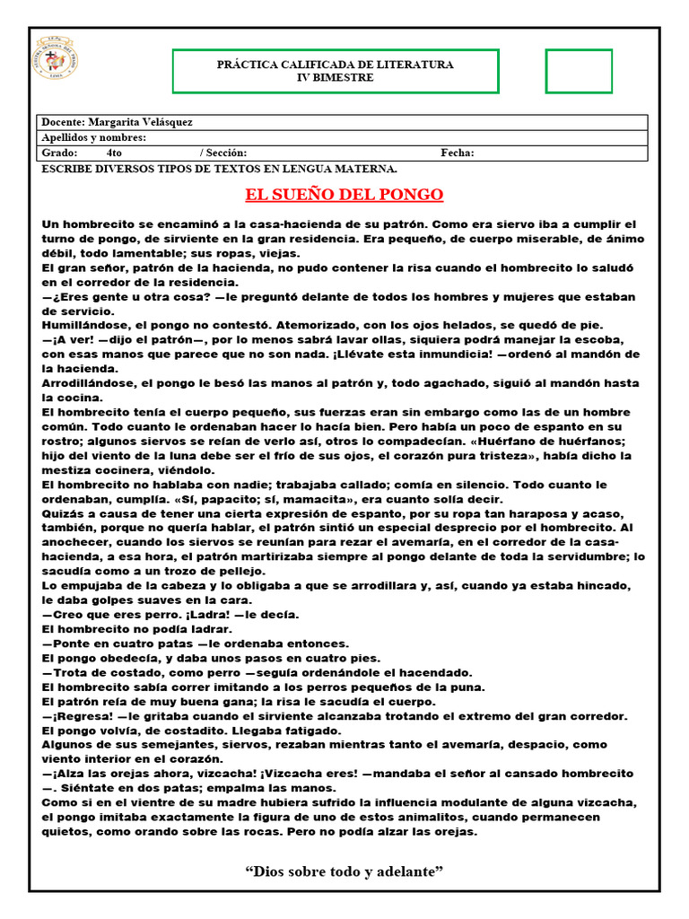 PRACTICA EL SUENO DEL PONGO 4to NSP | PDF