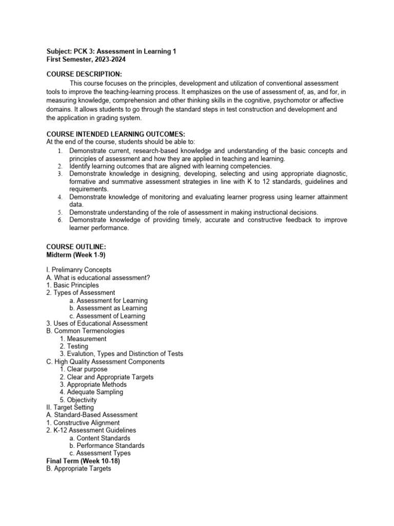Course Outline BSED 3A | PDF | Educational Assessment | Learning
