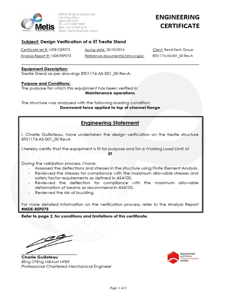 MDE-CER075-5T Trestle (BT01174) - Engineering Certificate | PDF ...