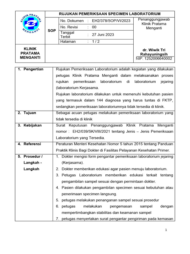 SOP RUJUKAN PEMERIKSAAN SPECIMEN LABORATORIUM-Revisi | PDF