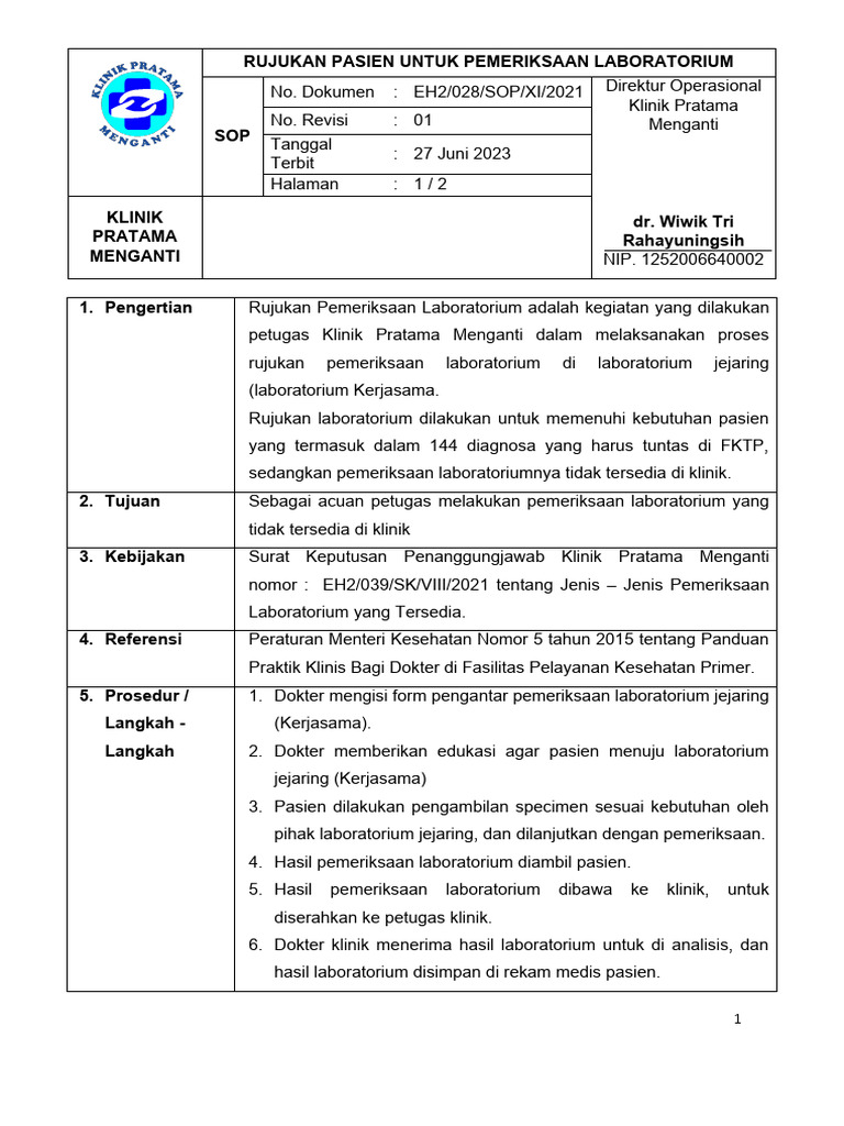28. Sop Rujukan Pemeriksaan Pasien Rujukan Laboratorium-revisi | PDF