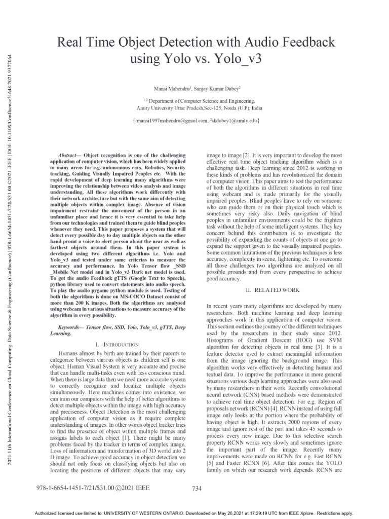 Real Time Object Detection with Audio Feedback using Yolo vs. Yolo_v3 | PDF