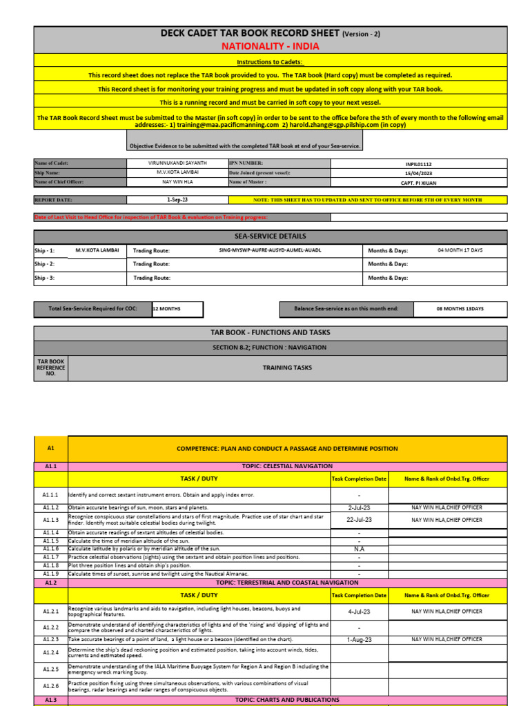 Deck Cadet TAR Book Record Sheet | PDF | Navigation