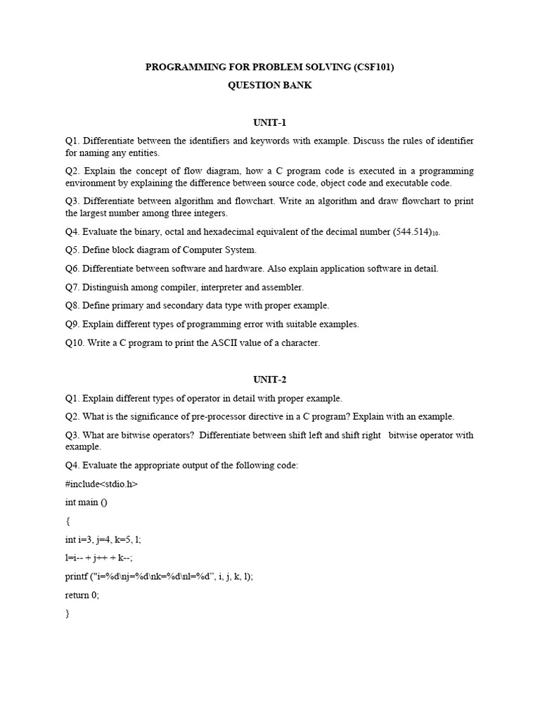 Question Bank CSF101-PPS | PDF | Computer Program | Programming Question Bank CSF101-PPS | PDF | Computer Program | Programming