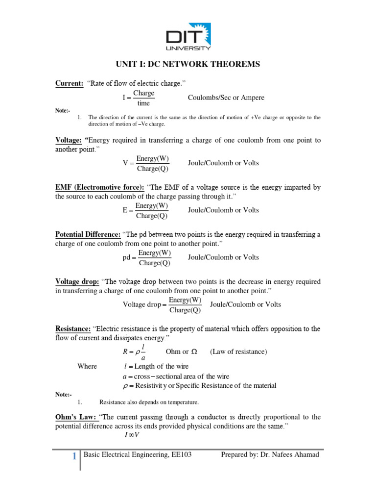 Unit 1 DC Network Theorems | PDF | Voltage | Electrical Resistance And ...