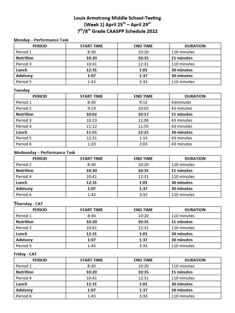 Louis Armstrong MS Testing Schedule | PDF | Cooking, Food & Wine | Wellness