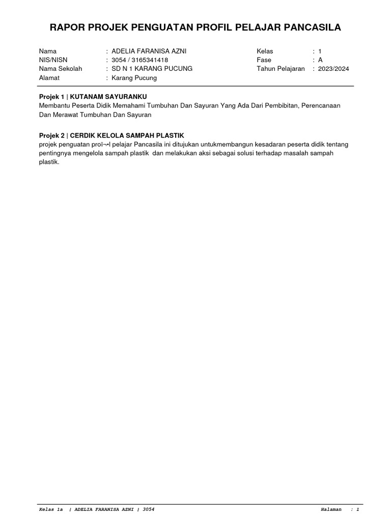 RAPOR P5 KLS Kelas1a - 2 | PDF