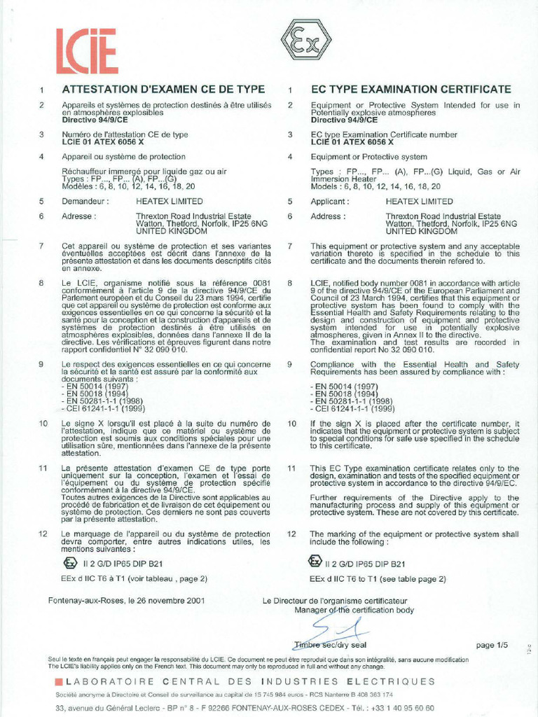 ATEX Immersion Heater CE Certificate | PDF | Explosion | European Union