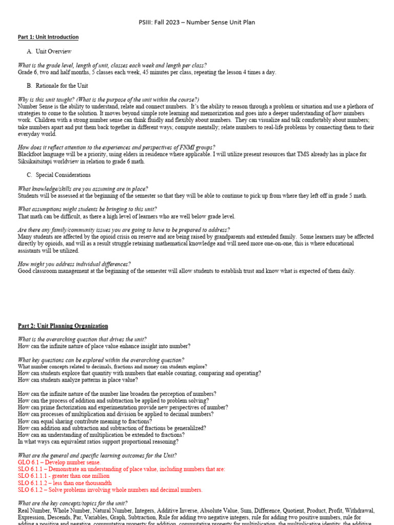 Ps3 Unit Plan Download Free Pdf Numbers Integer