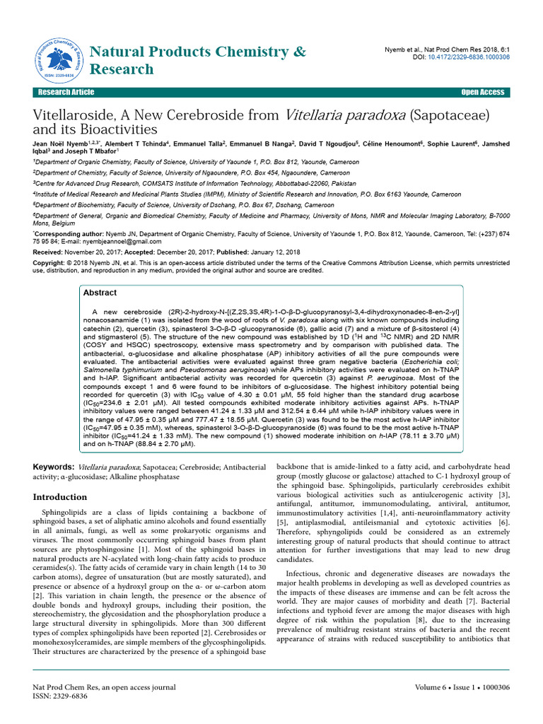 Vitellaroside A New Cerebroside From Vitellaria Paradoxa Sapotaceae and ...