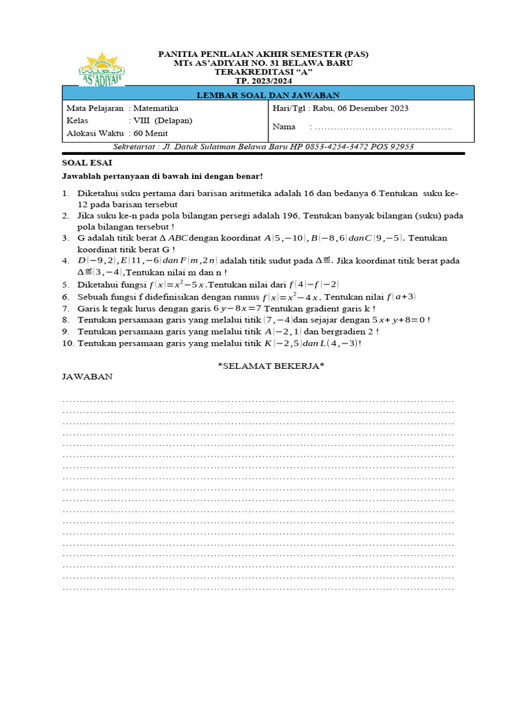 Soal Matematika Kelas 8 | PDF