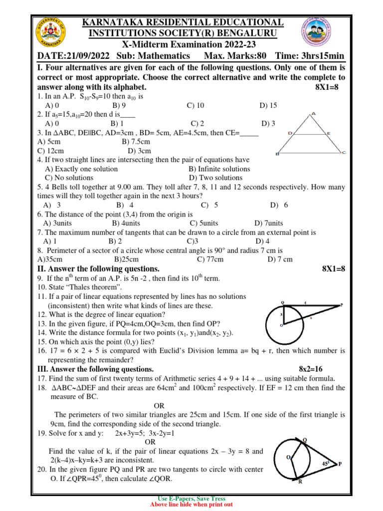 10th STD Maths Midterm Exam Question Paper Eng Version 2022-23 | PDF | Circle | Triangle