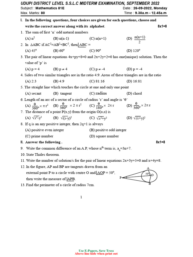 10th STD Maths Mid Term Exam Question Paper Eng Version 2022-23 by ...