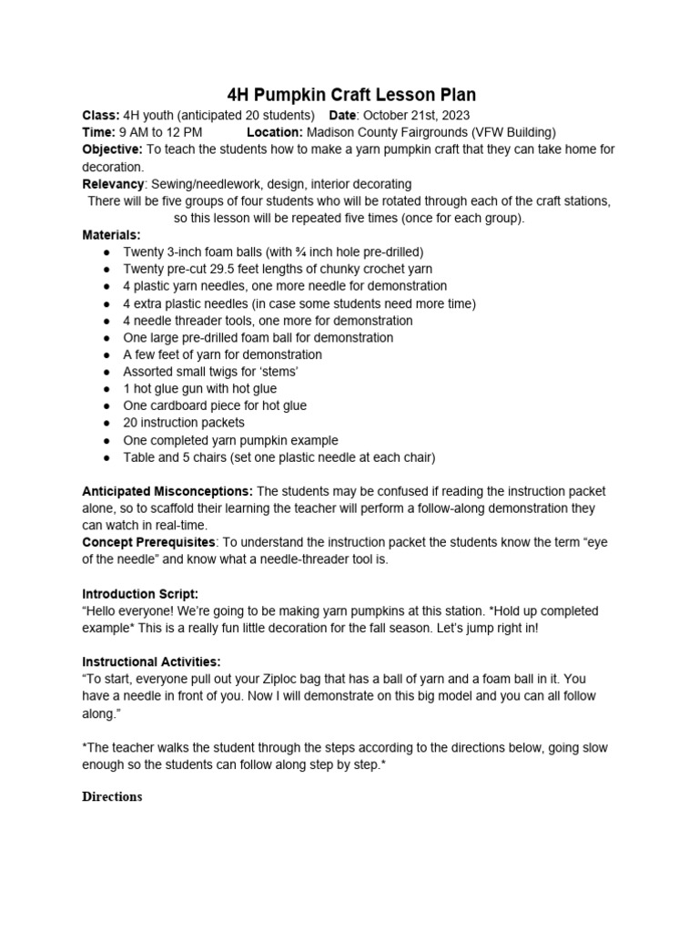 Pumpkin Craft Lesson Plan | PDF | Yarn | Sewing Needle
