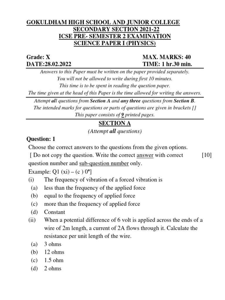 Physics Grade 10 Pre-Board Paper Semester 2 2021-22 | PDF | Radioactive ...