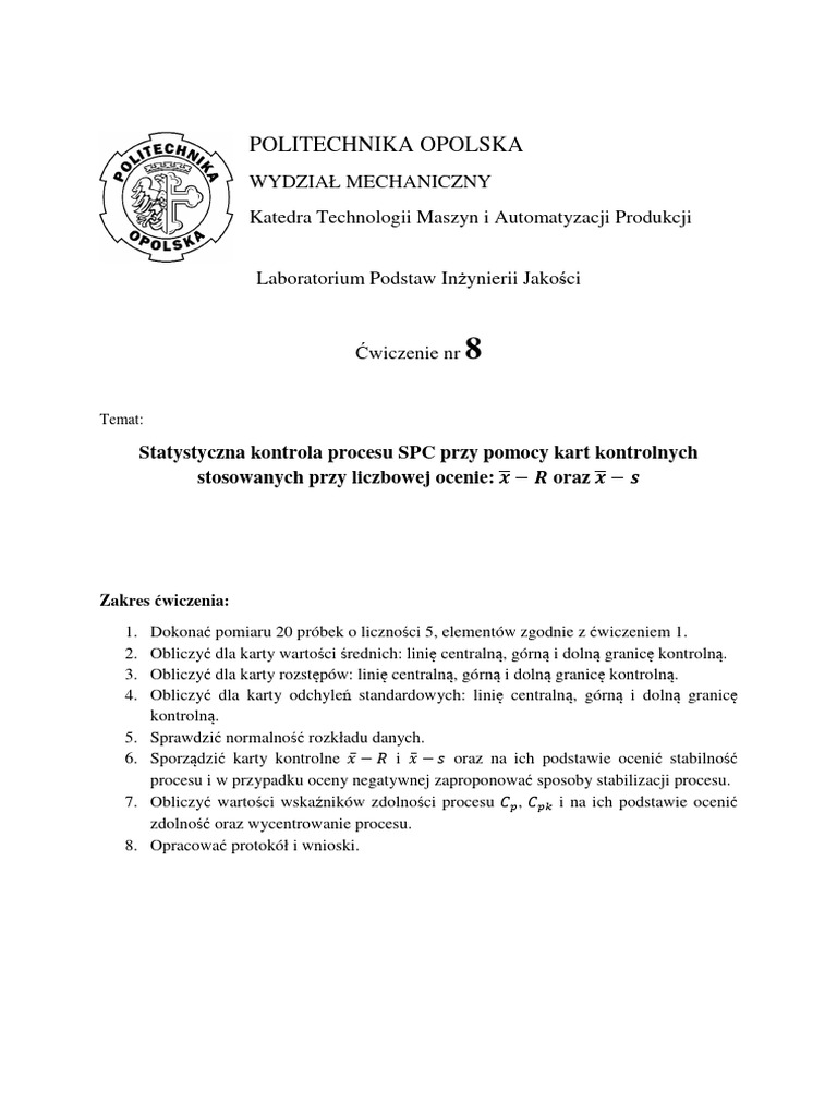 Statystyczna Kontrola Procesu SPC Przy Pomocy Kart Kontrolnych ...