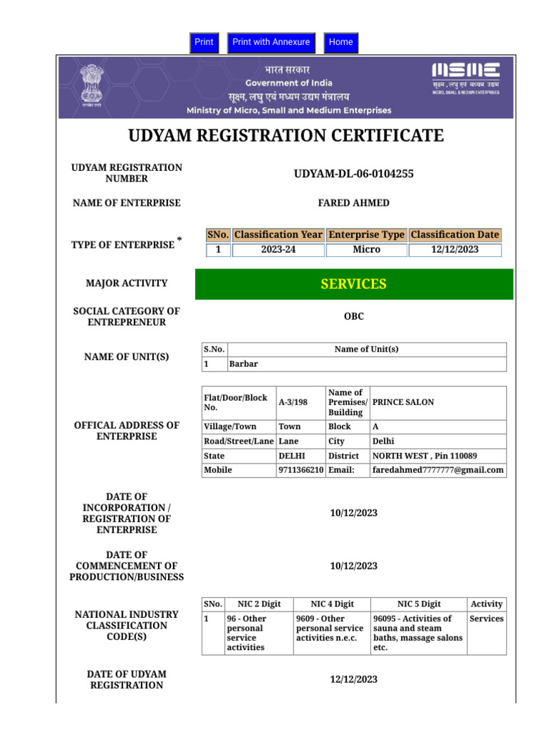 Print - Udyam Registration Certificate | PDF | Computing