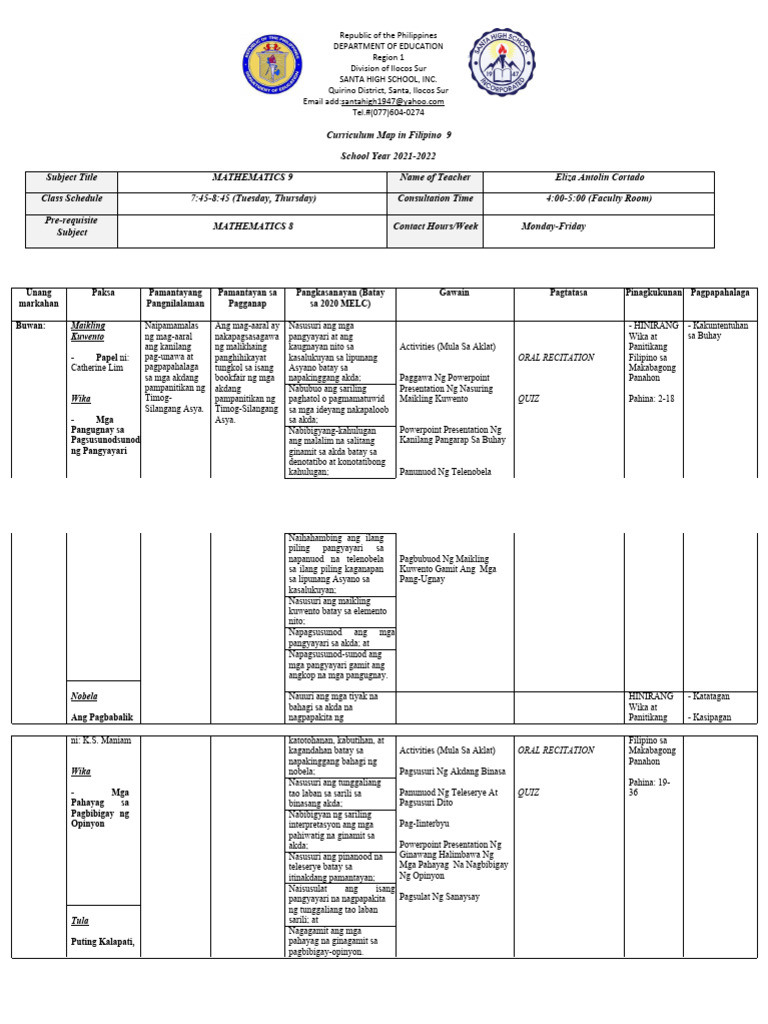 Curriculum Map in Filipino 9 | PDF