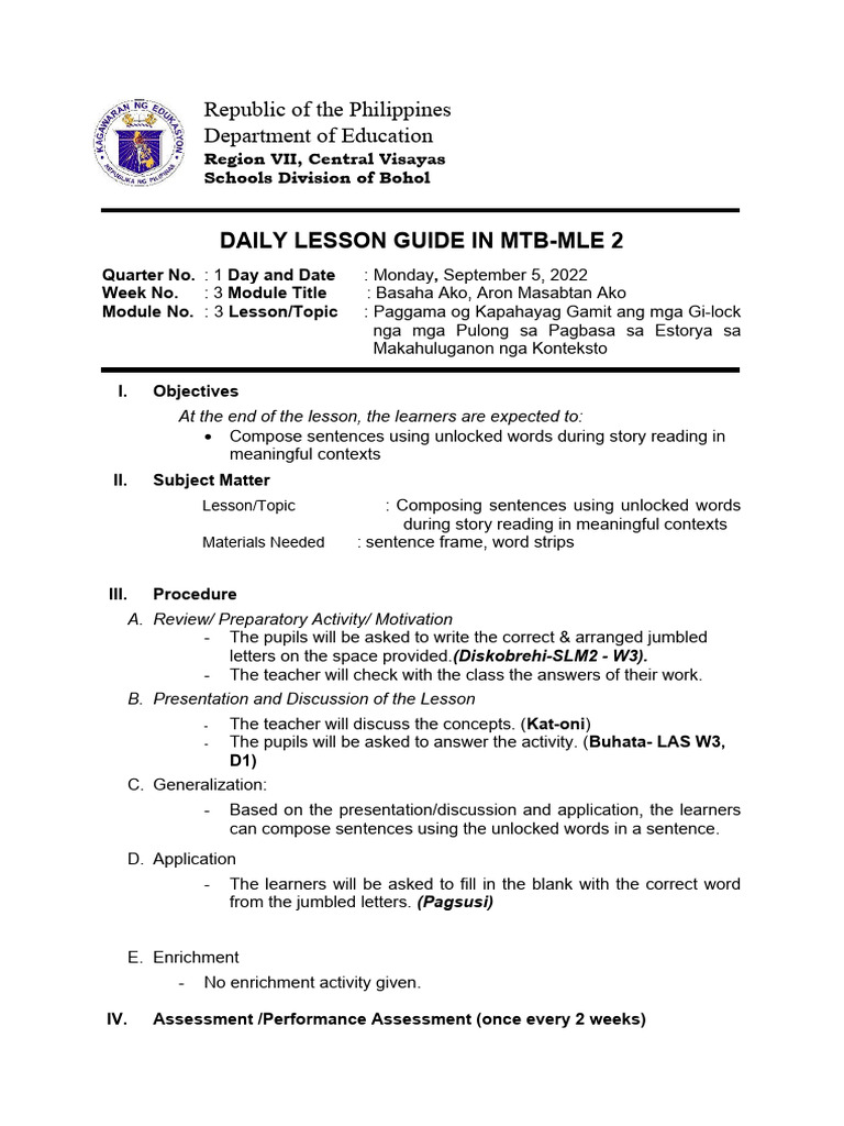 DLG Mtb-Mle2 Q1 WK3 Day-1-5 | PDF | Teachers | Grammatical Gender
