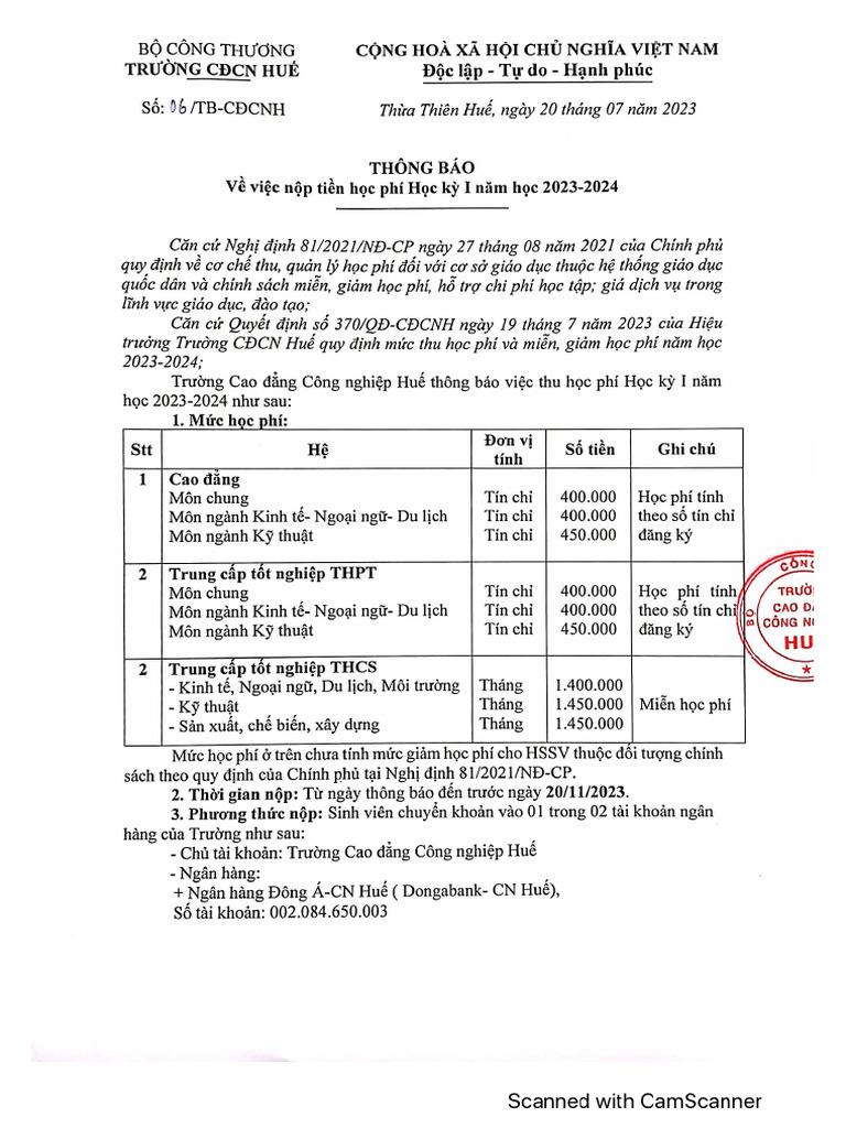 2023-2024 Thong Bao Hoc Phi HKI | PDF