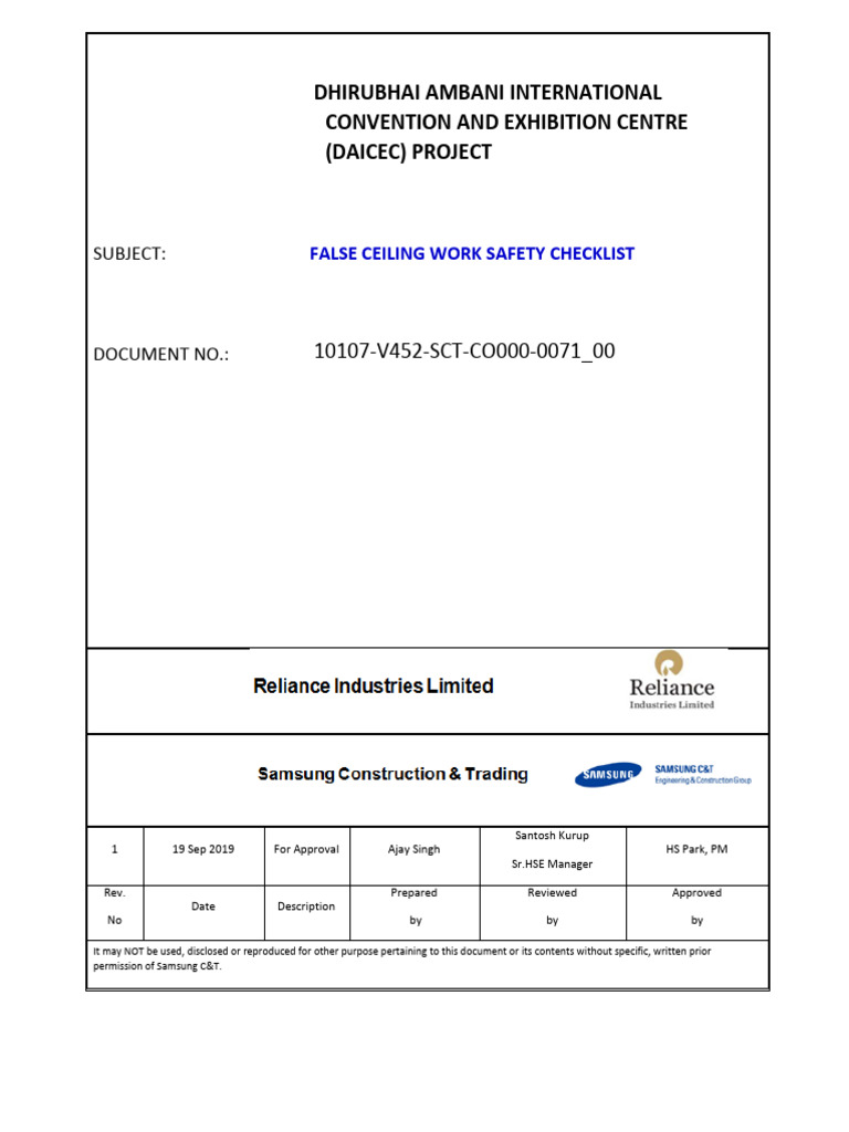 10107-V452-SCT-CO000-0071 - 00 - False Ceiling Work Checklist | PDF | Occupational Safety And ...