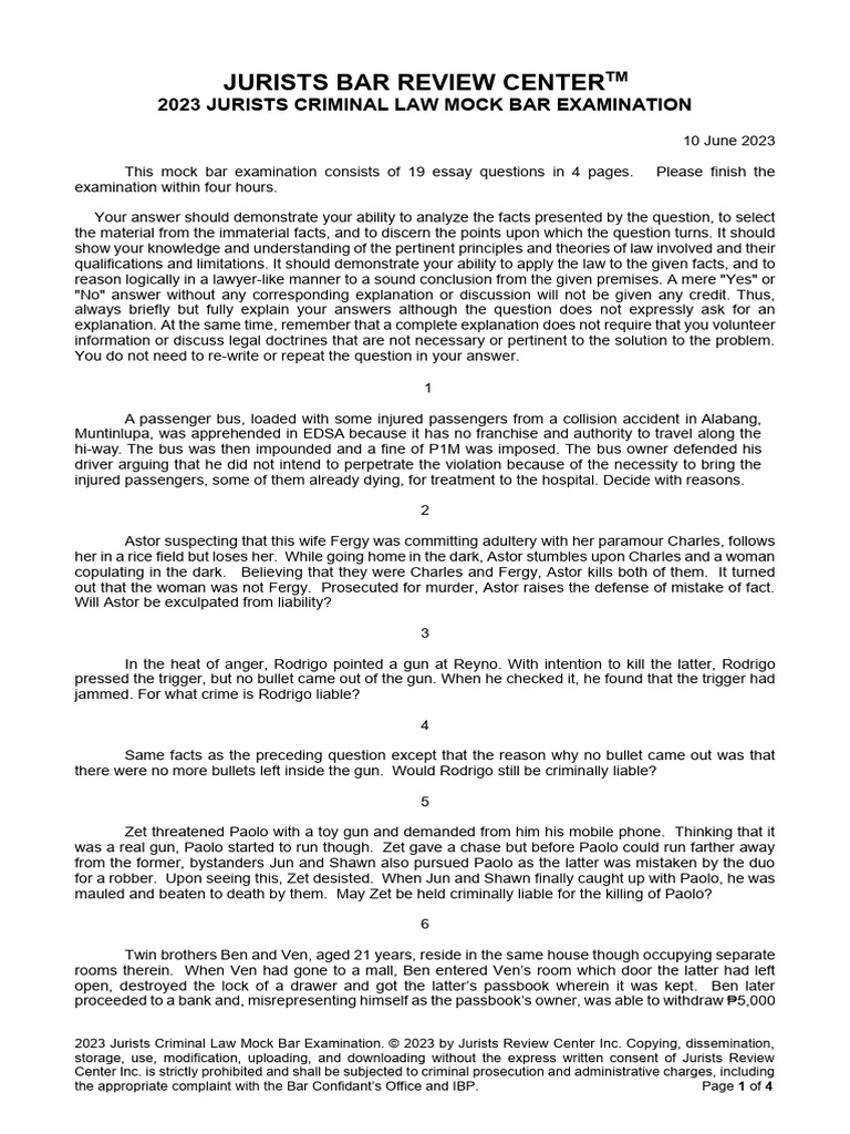 Criminal Law Mock Bar Examination | PDF | Deposition (Law) | Criminal Law