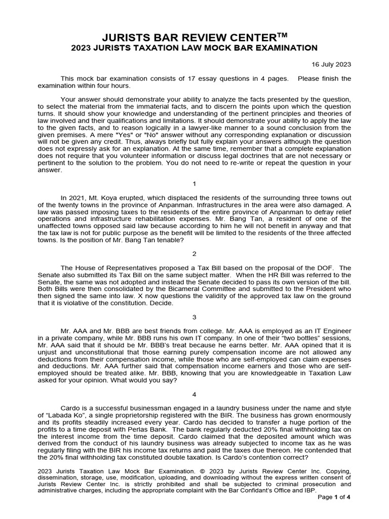 Taxation Law Mock Bar Exam 2023 | PDF | Taxes | Income Tax