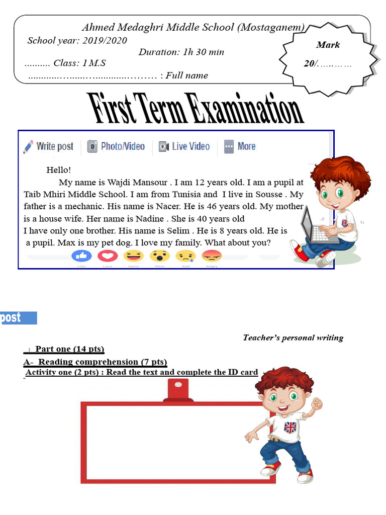 1MS First Term Examination 2019 by Desert Rose | PDF | Notation | Text