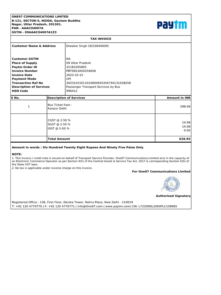 Paytm Bus Ticket Invoice Details | PDF | Service Industries | Taxes