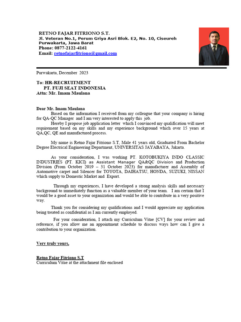Application Letter Retno Fajar Fitriono (PT. FUJI SEAT INDONESIA - QA ...