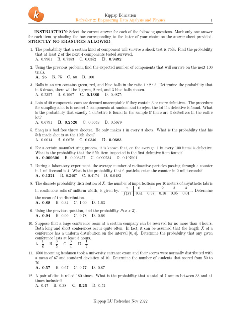 Refresher 2 Answer Key | PDF | Probability | Science