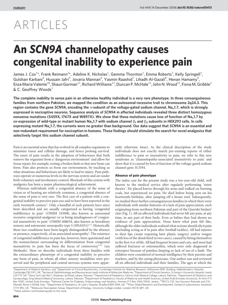 2006 An SCN9A Channelopathy Causes Congenital Inability To Experience Pain | PDF | Pain | Ion ...