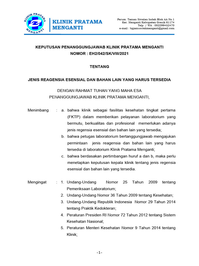 SK Jenis Reagensia Esensial Dan Bahan Lain Yang Harus Tersedia (Cek ...