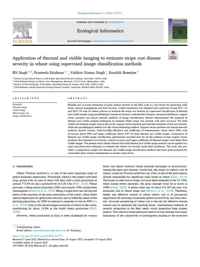 Application of thermal and visible imaging to estimate stripe rust disease severity in wheat ...