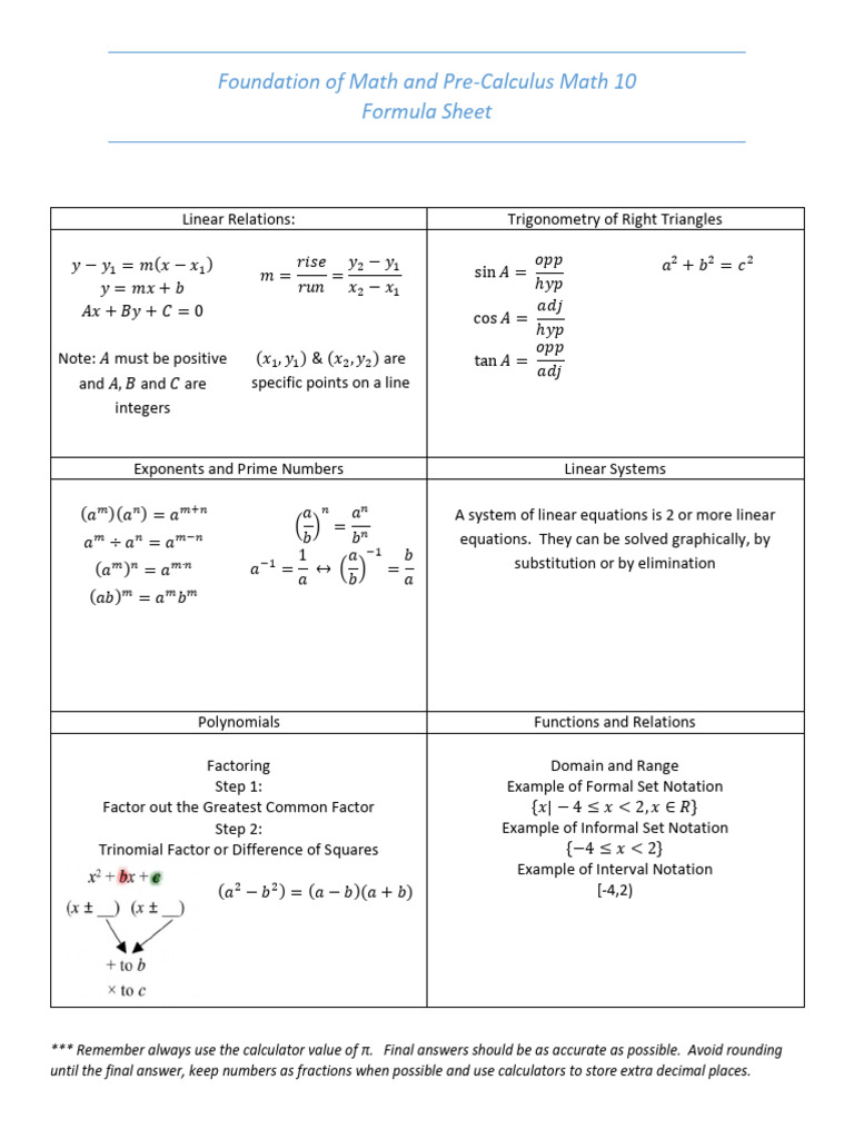 Math 10 Formula Sheet | PDF | Factorization | Polynomial