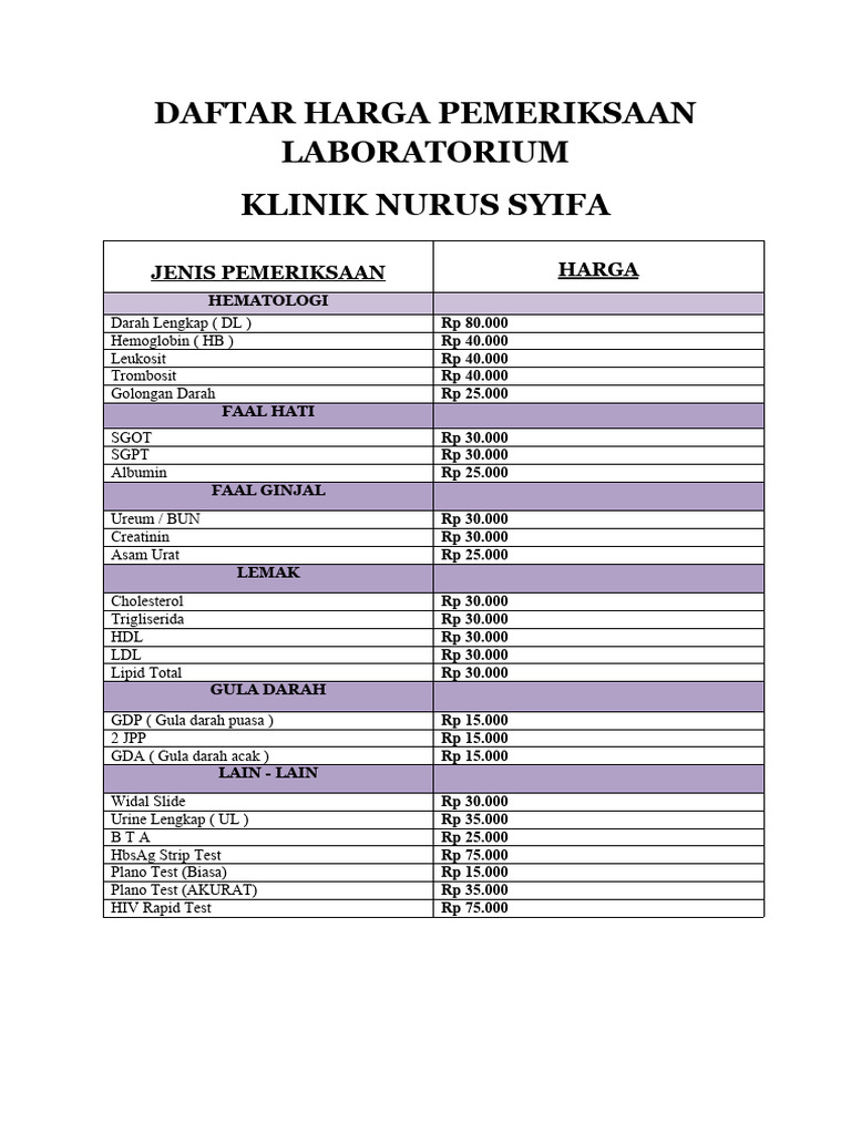 Daftar Harga Lab | PDF