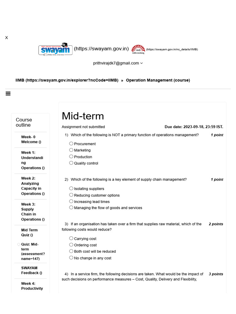 Operation Management - Unit 5 - Mid Term Quiz | PDF | Supply Chain | Business