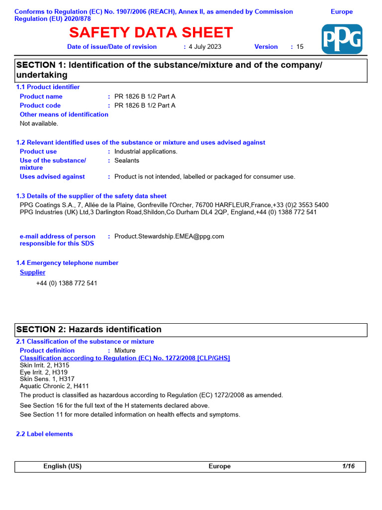 PR 1826 B 1/2 Part A Safety Data Sheet | PDF | Toxicity | Chemistry