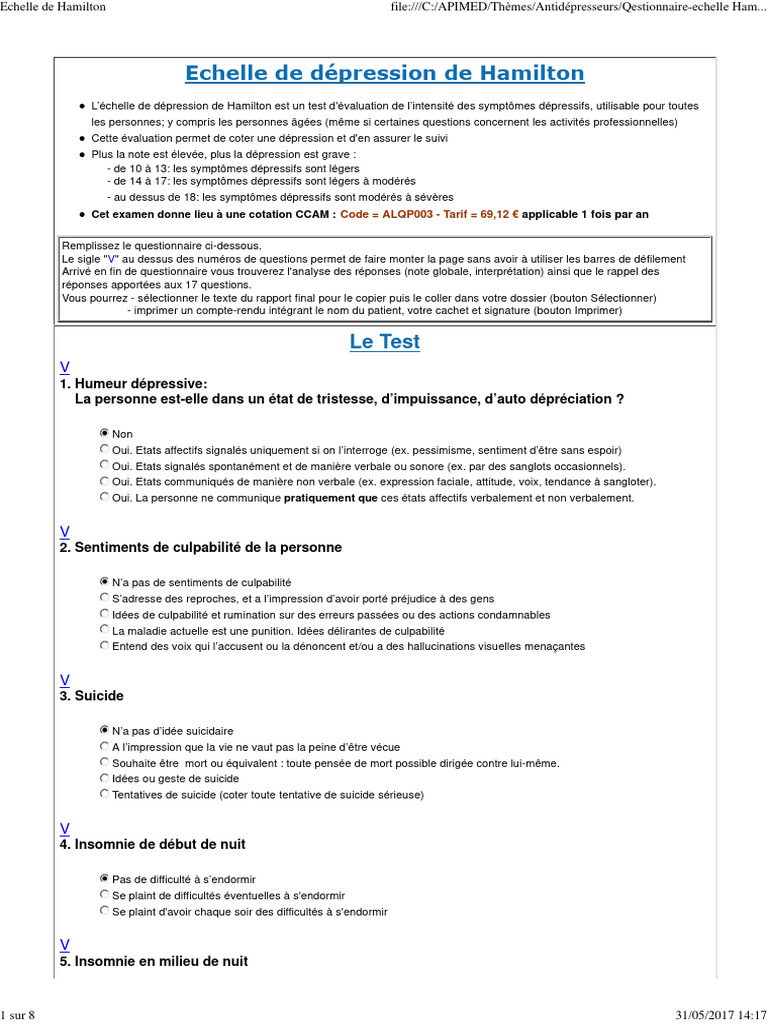 Évaluation de la dépression de Hamilton | PDF | Dépression (psychiatrie ...