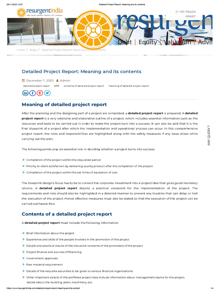 Detailed Project Report - Meaning and Its Contents | PDF | Economies ...